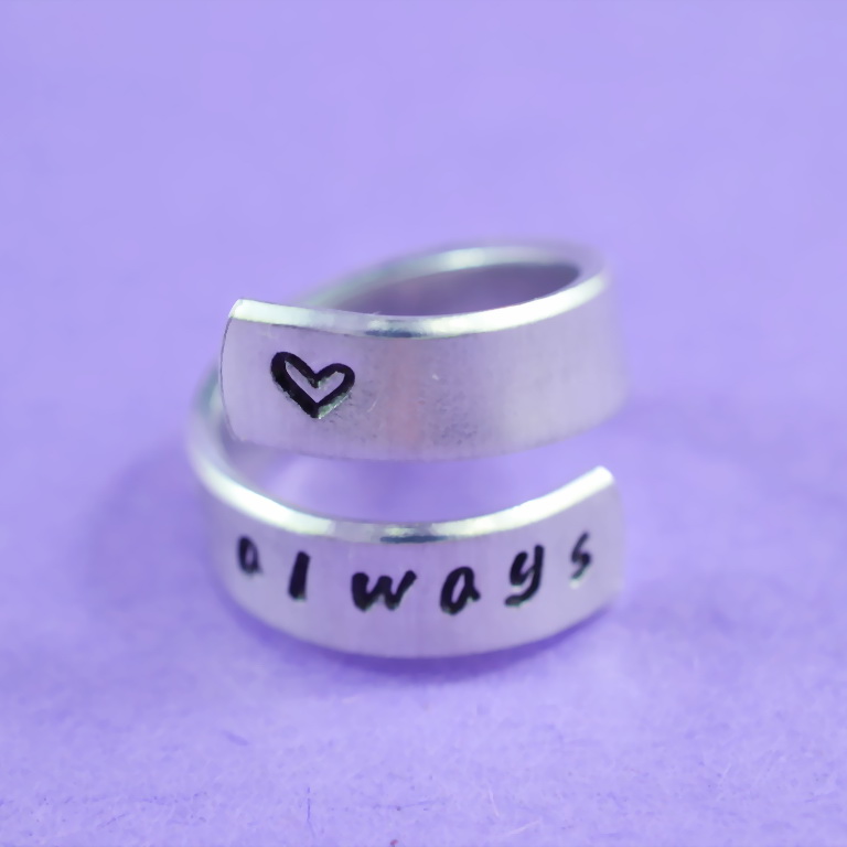 Always - Hand Stamped Aluminum Spiral Ring, Handwritten Font, Forever ...